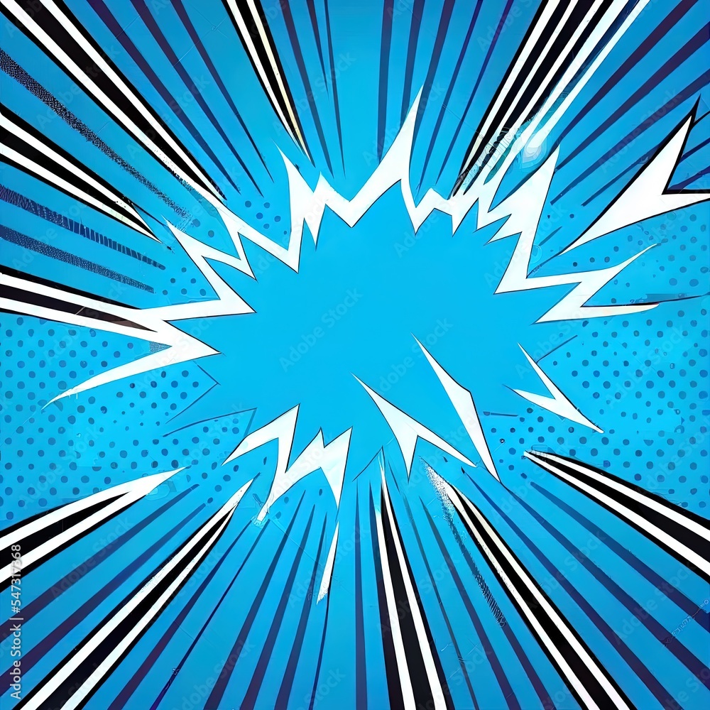 Blue pop art retro background with exploding rays of lightning comic ...