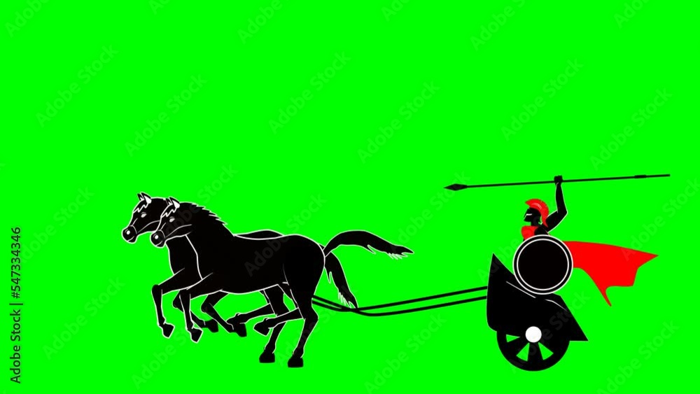 Spartan war chariot, horses warrior with spear and red cape cartoon ...