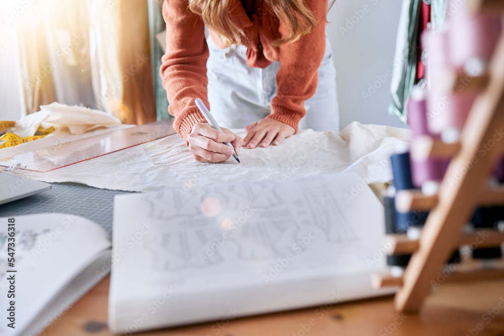Fashion, designer and pattern with woman and fabric for planning ...