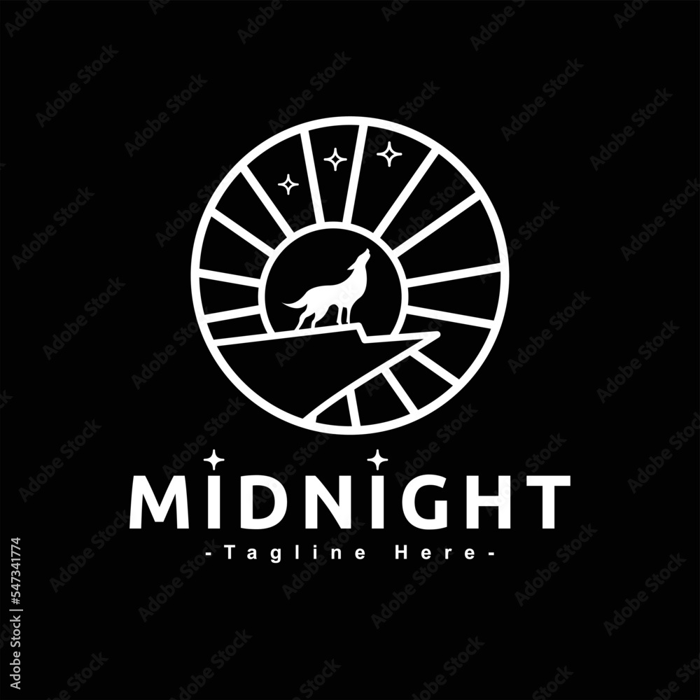 Midnight logo design with stars and moonlight and a roaring wolf Stock ...