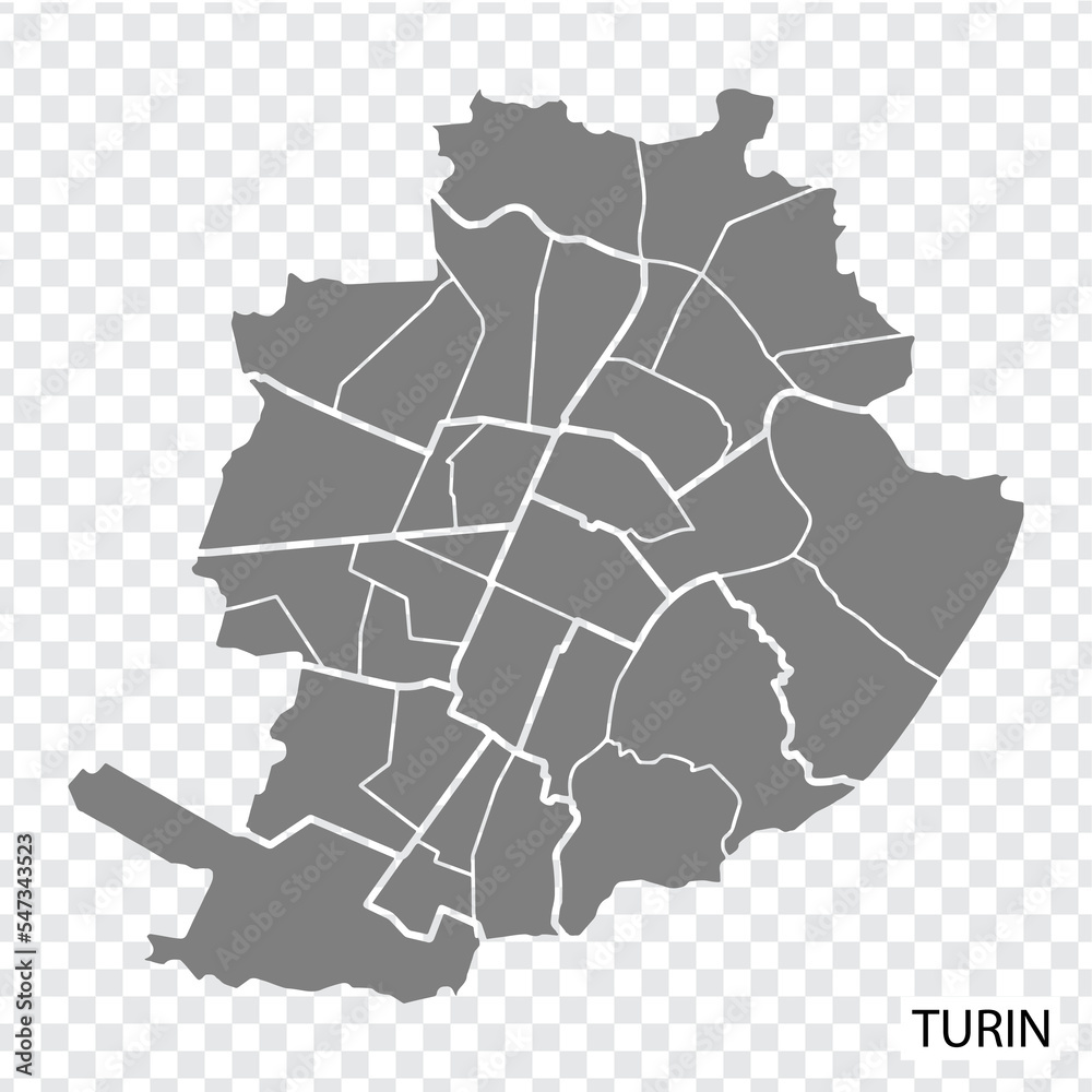 High Quality map of Turin is a city Italy, with borders of the regions ...