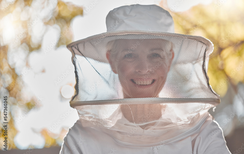 Beekeeper, woman and protective suit in portrait, happy and outddor ...