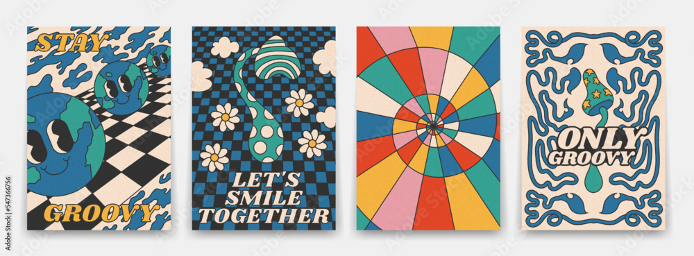 Bright groovy posters 70s. Retro poster with psychedelic mushrooms ...