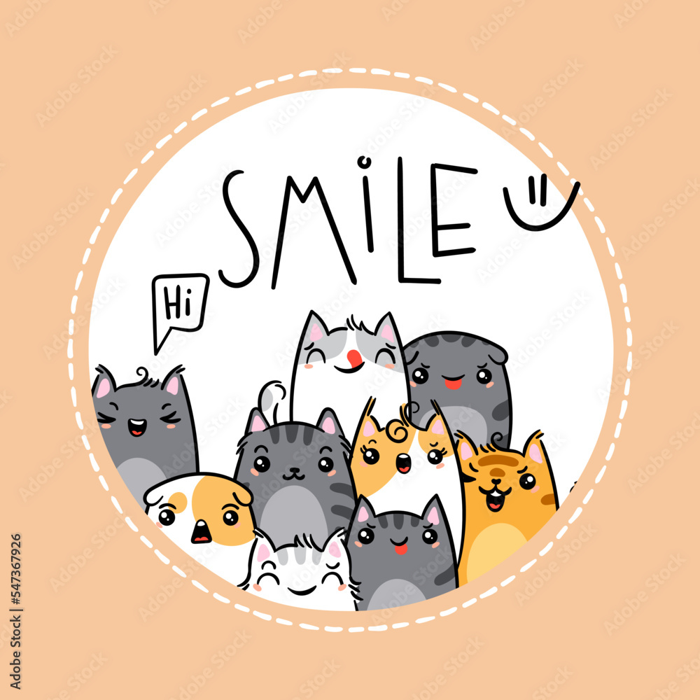 Smile. Hello. Kawaii illustration hand drawn banner. Cute cats with ...