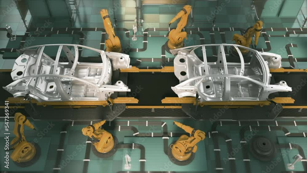 Car Factory 3D Concept: Automated Robot Arm Assembly Line Manufacturing ...