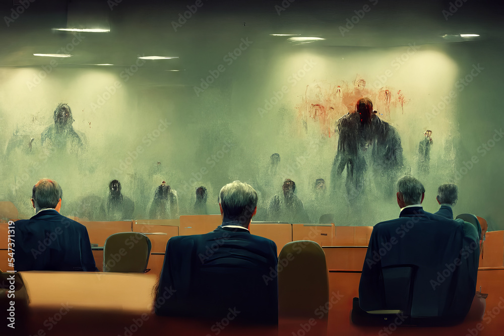 Government officials sitting in a meeting room witnessing and talking ...