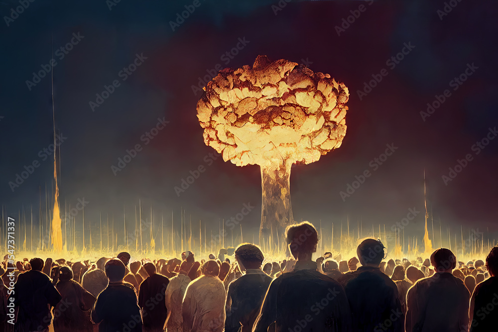 An atomic bomb exploding in the middle of a big crowd witnessing the ...