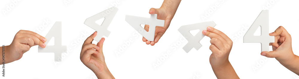 Number four in hand isolated on black background. Number four in a ...