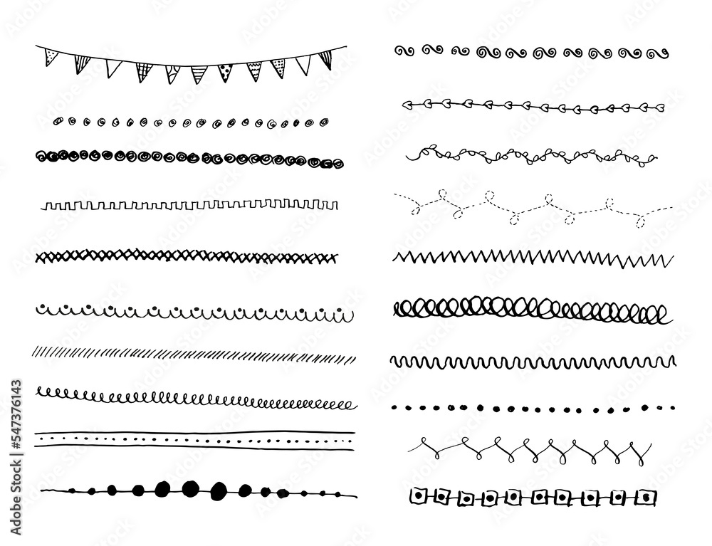 Ink hand-drawn line border set and scribble design element with ...
