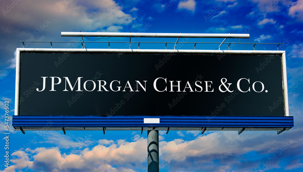 Advertisement billboard displaying logo of JPMorgan Chase & Co. Stock ...