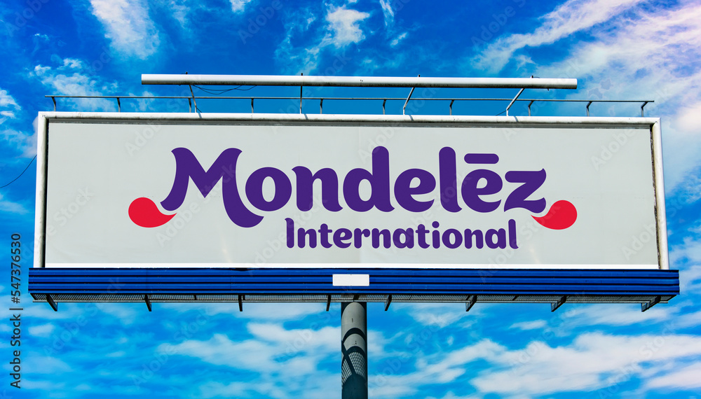 Advertisement billboard displaying logo of Mondelez Internat. Stock ...