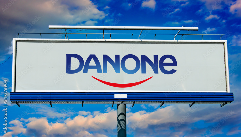 Advertisement billboard displaying logo of Danone Stock Photo | Adobe Stock