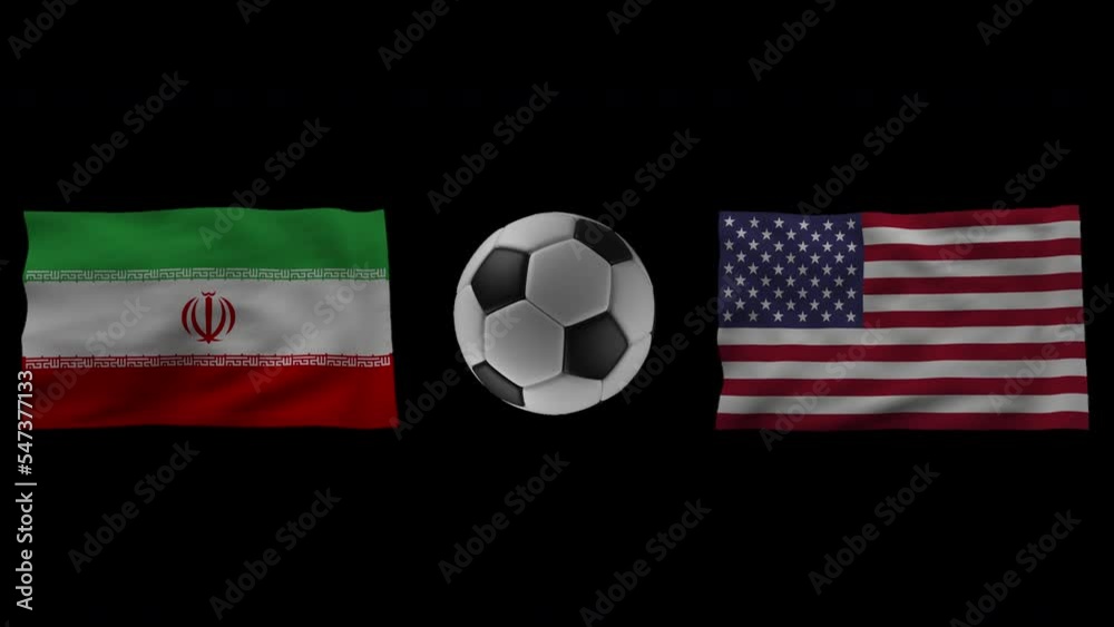 Iran and USA flags flanking a rotating football or soccer ball with ...