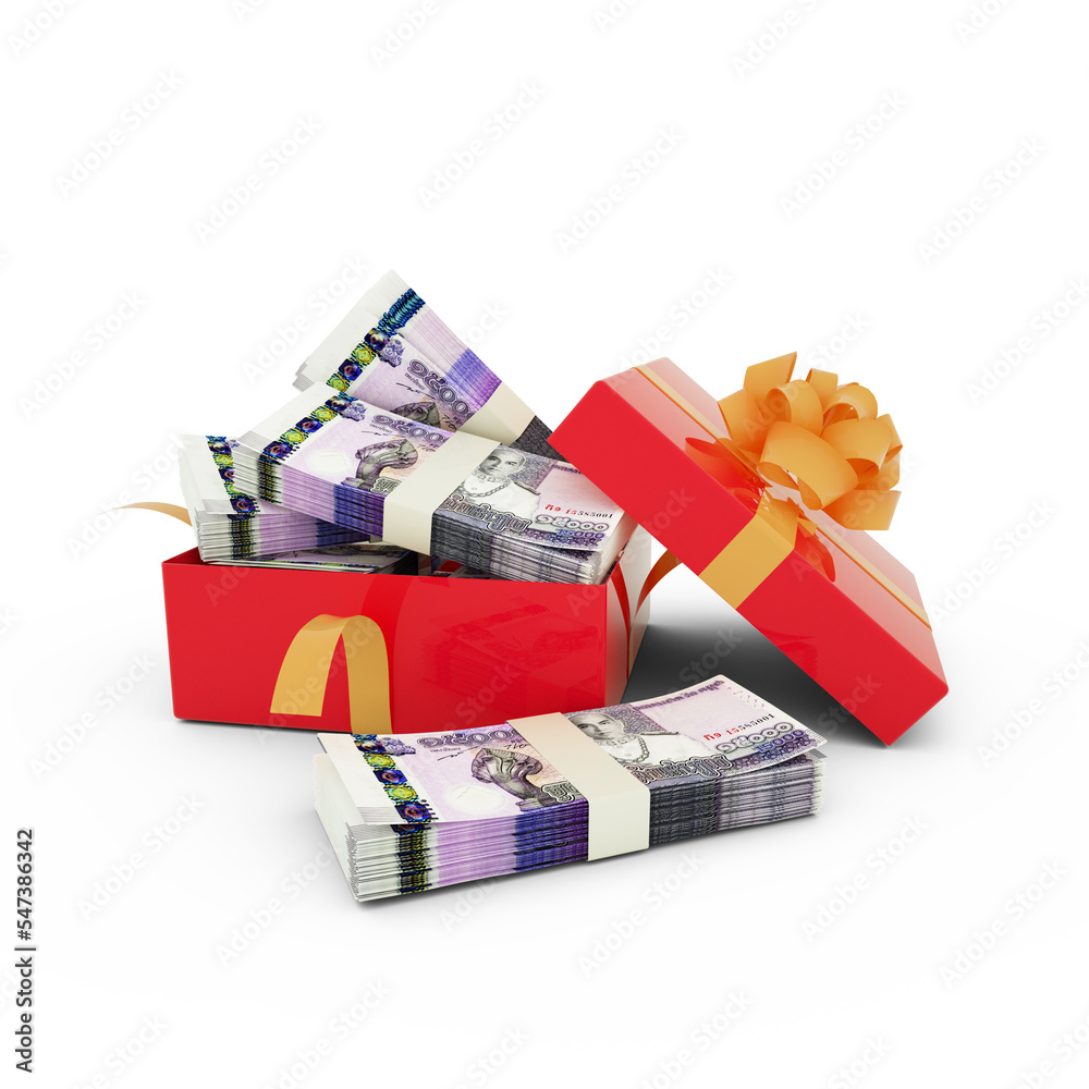 Stack of Cambodian riel notes inside an open red gift box. Bundles of ...