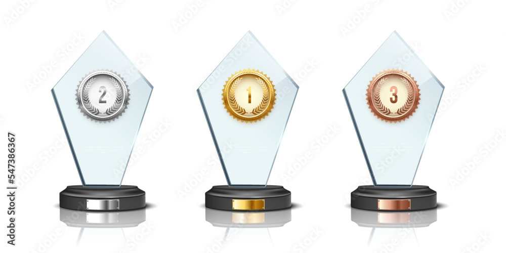 Glass awards realistic vector illustration. Crystal prizes with golden ...