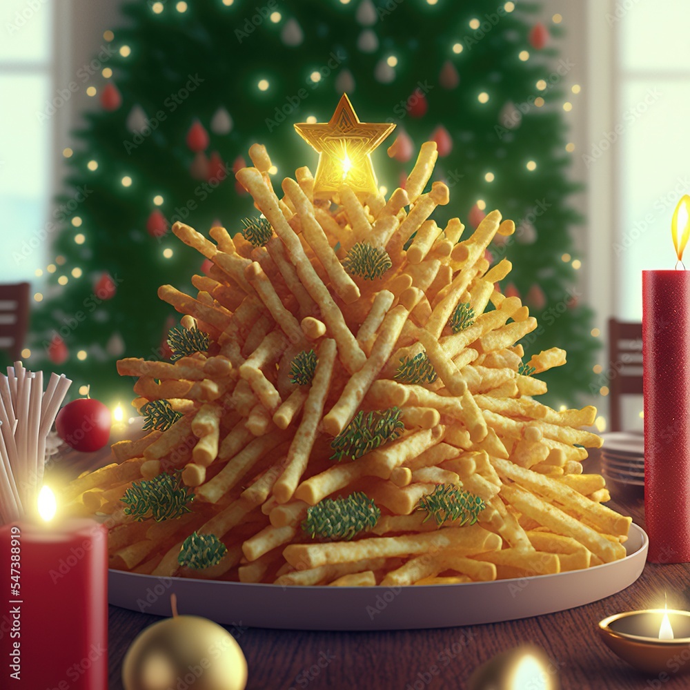Christmas tree made from French fries. Made by AI. Stock Illustration ...