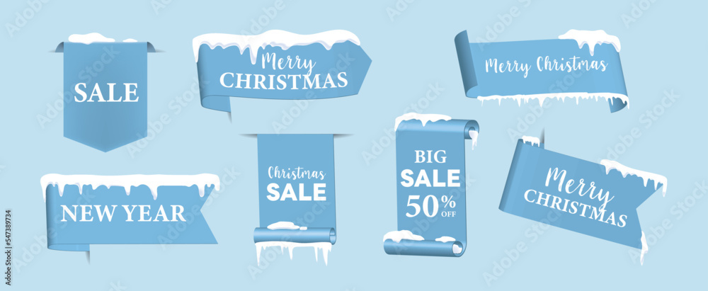 Winter and snow design for Tags set, Ribbon elements, Vector Banner ...