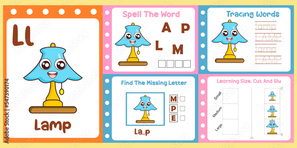 worksheets pack for kids with lamp. fun learning for children Stock ...