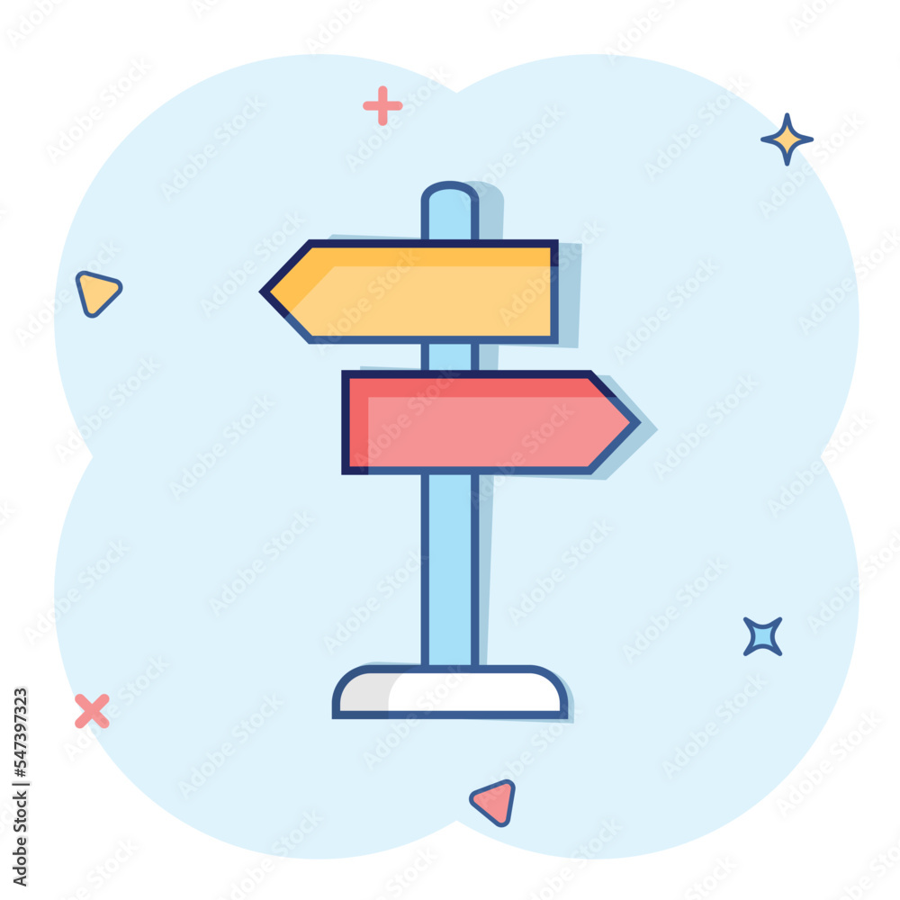 Crossroad signpost icon in comic style. Road direction cartoon vector ...