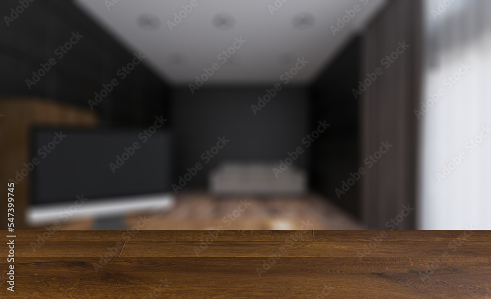 Front view of an office interior with a row of dark wood tables ...