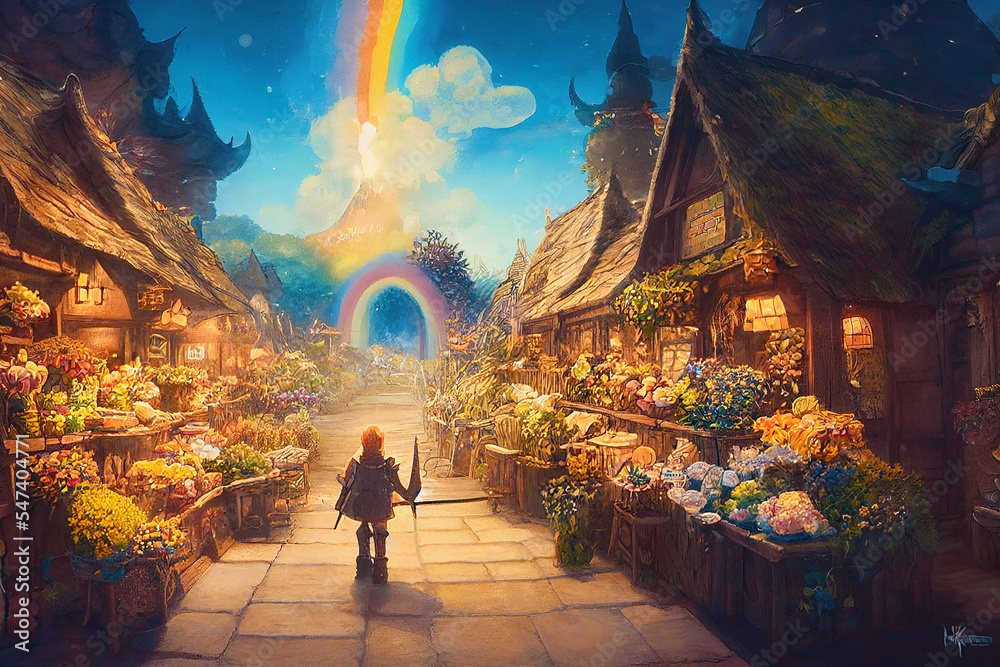 Fantasy city with rainbow in sky, spectacular digital art 3D ...