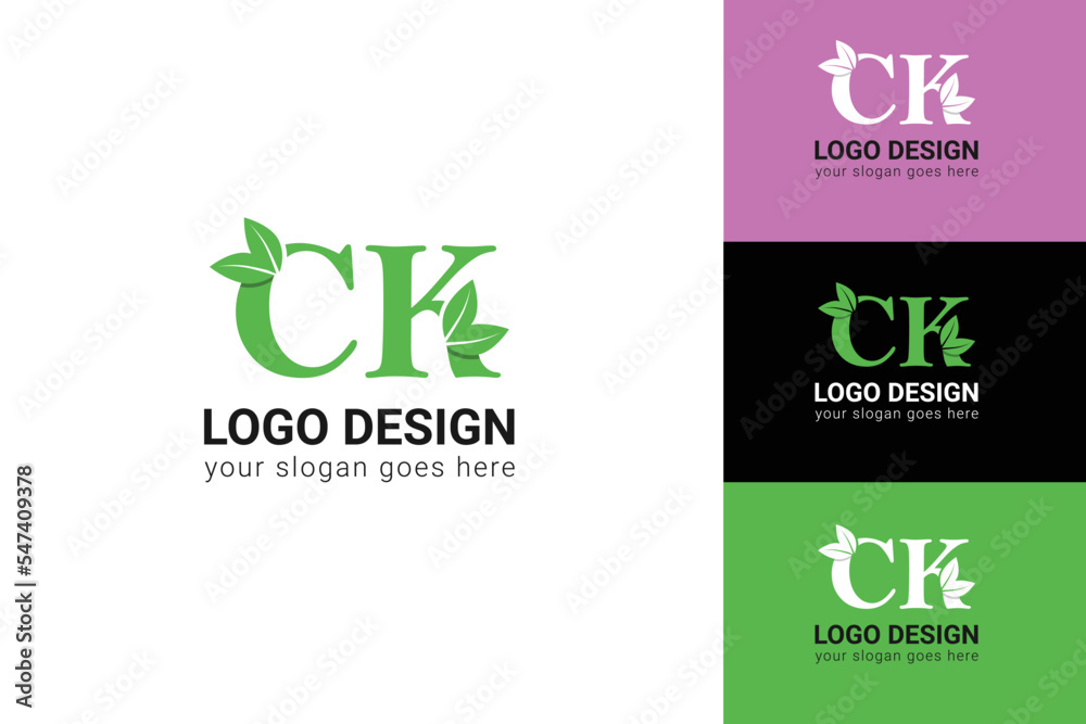 CK letters eco logo with leaf. Vector typeface for nature posters, eco ...