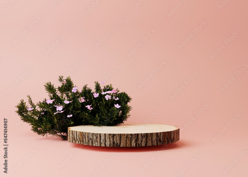 3D display podium pastel pink flower green bush background. Nature ...