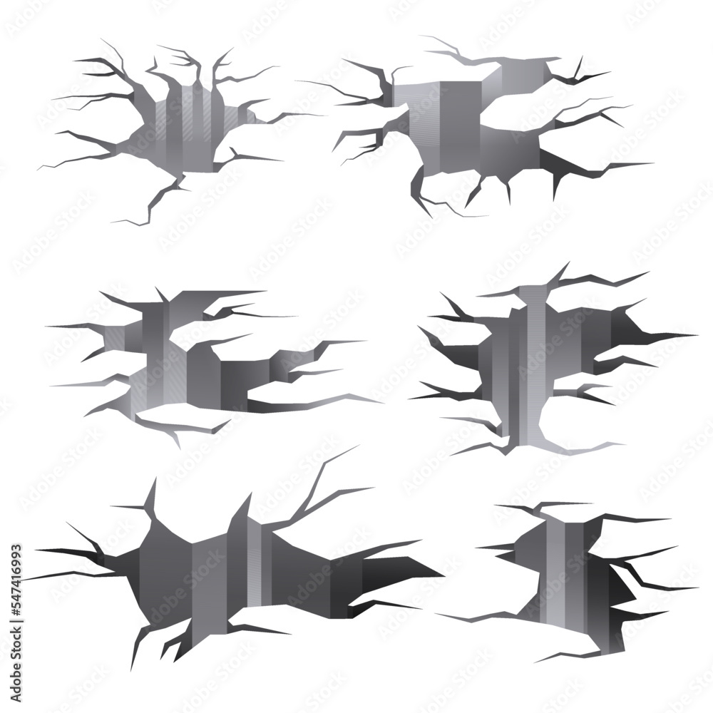 Ground cracks set. Earthquake and ground cracks, hole effect ...