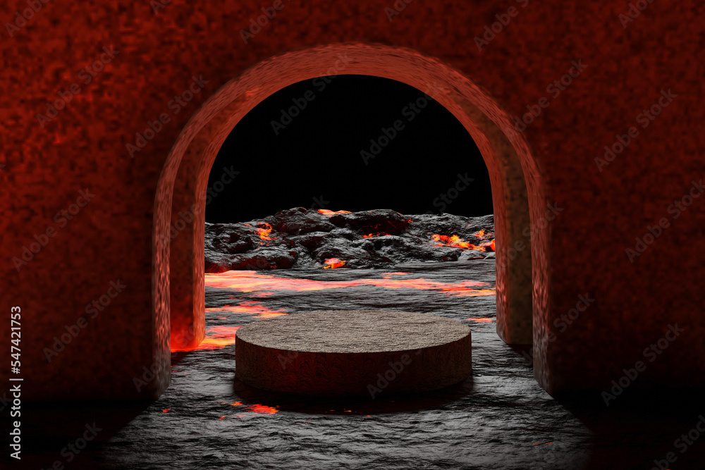 3D render Platform and natural Podium lava rocks smelt on volcano with ...