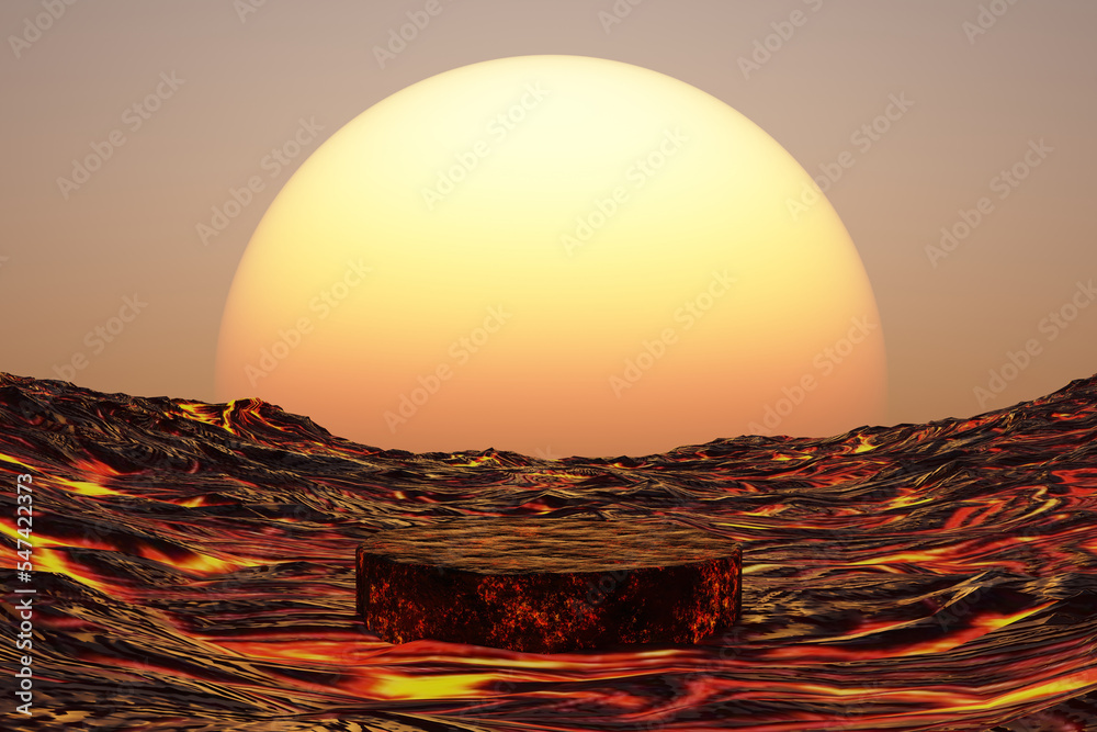 3D render Platform and natural Podium lava rocks smelt on volcano with ...