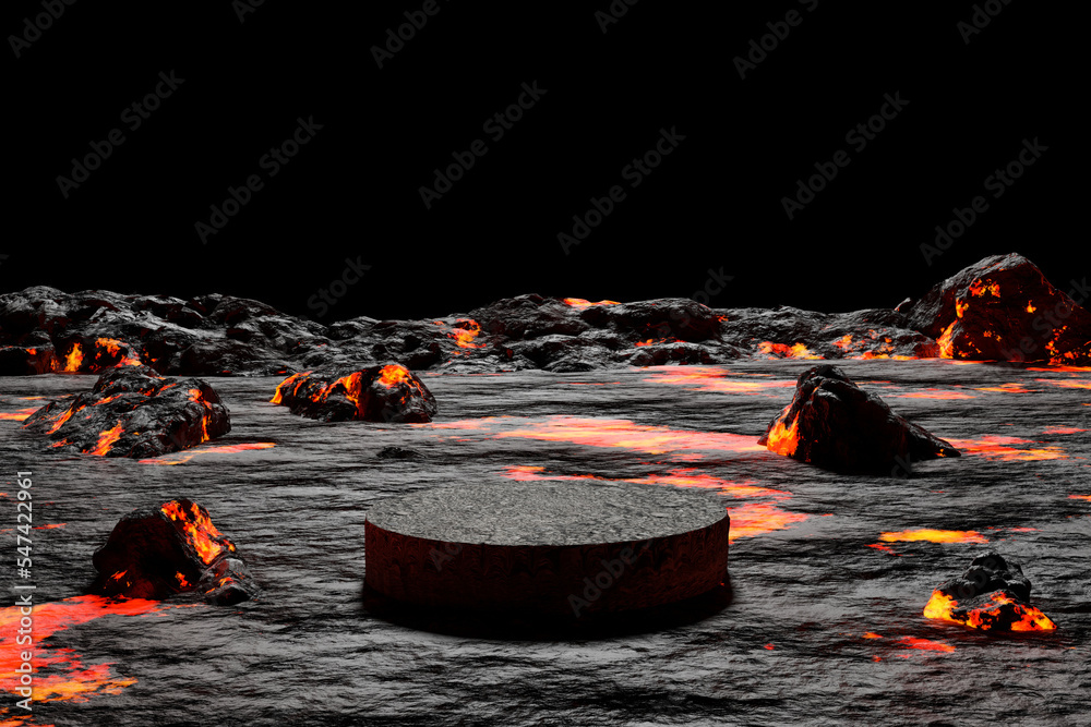 3D render Platform and natural Podium lava rocks smelt on volcano with ...