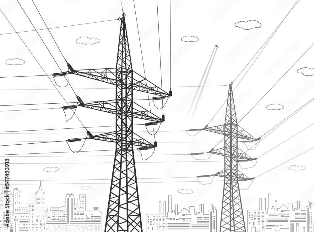 High voltage transmission systems. Electric pole. Power lines. A ...
