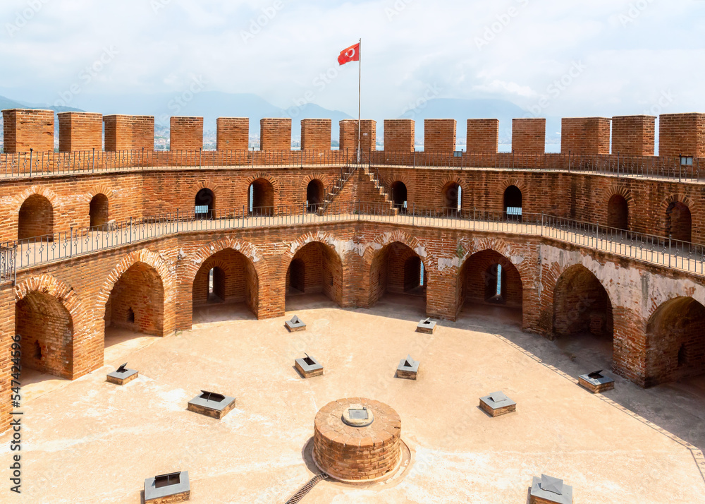 Upper level of the historical Red Tower (Kizil Kule), in Alanya Castle ...