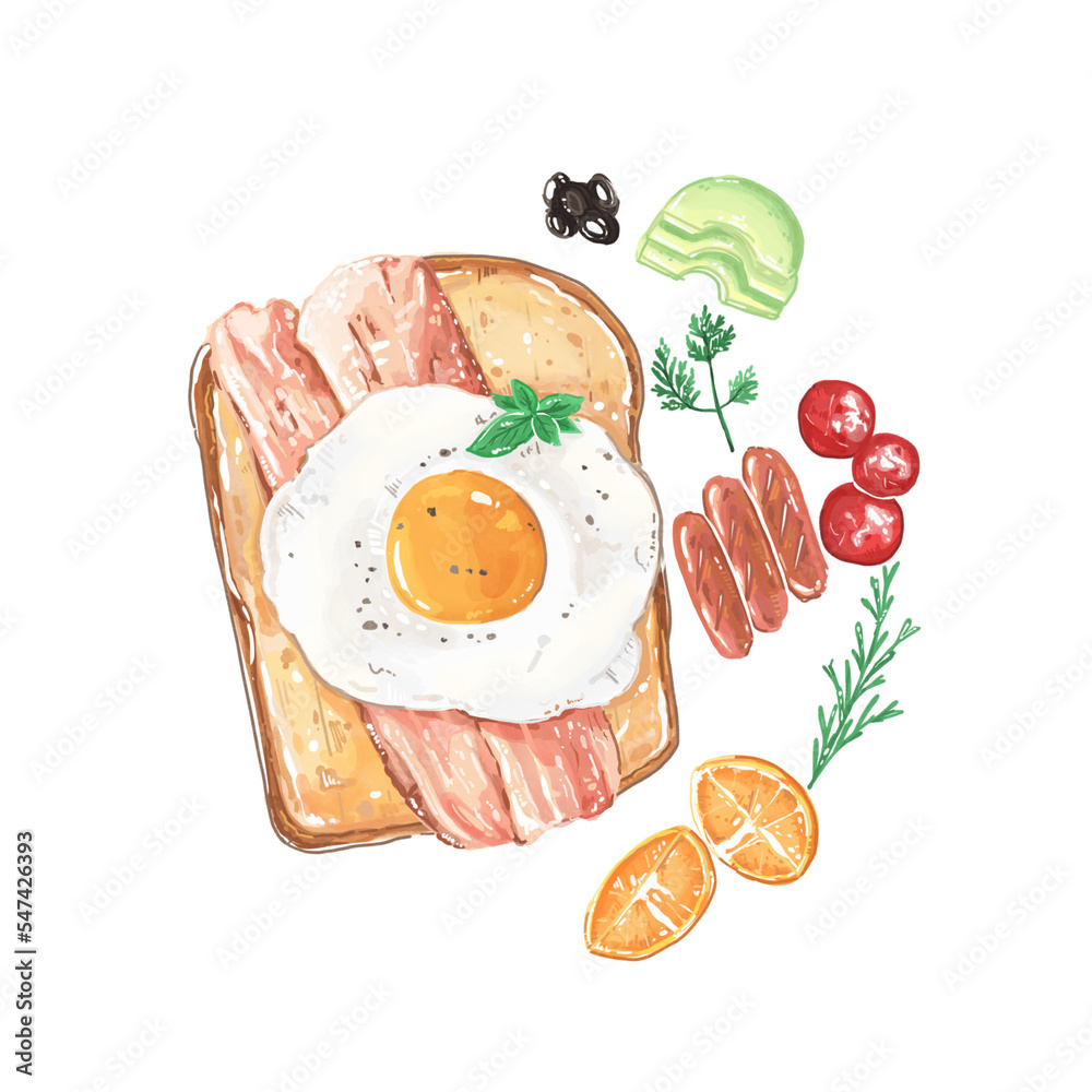 Breakfast Toast with Bacon and Egg draw by digital watercolor Stock ...
