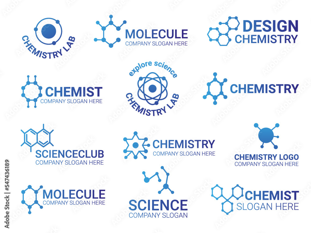 Chemistry logo. Dna molecular formula structure, bio substance icon set ...