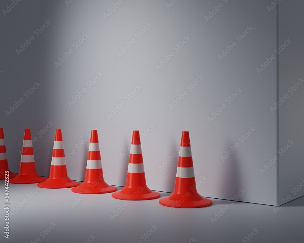 Traffic cones are lined up against the wall. Stylish environment ...