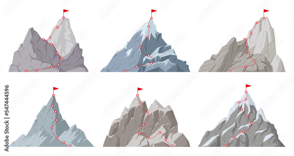 Cartoon mountain peak route, hiking trip to mountains top. Rocky range ...