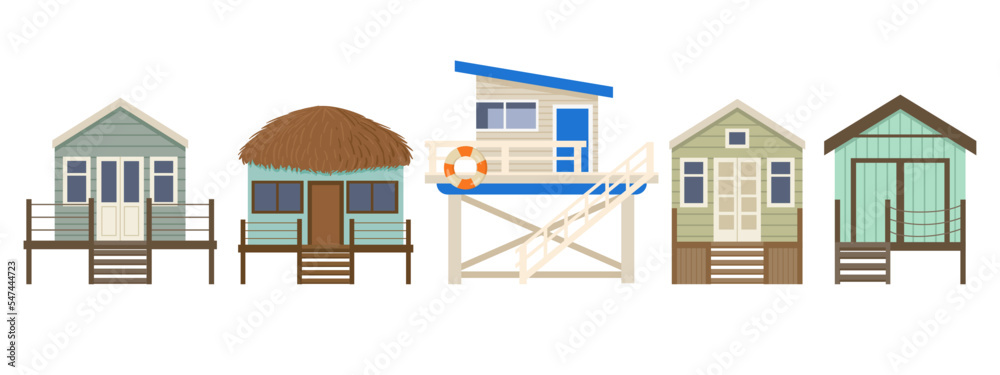 Cartoon summer beach huts, beach houses. Bungalow beach summer vacation ...