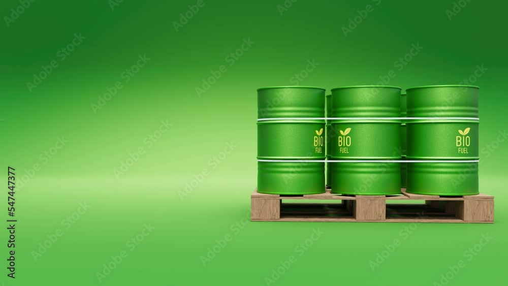 Rotating pallet with green barrels of biofuel or biodiesel drums ...