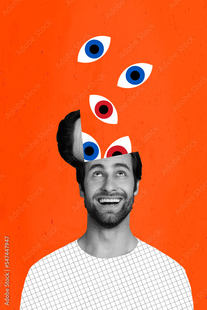 Composite collage picture image of crazy young man cut head watching ...