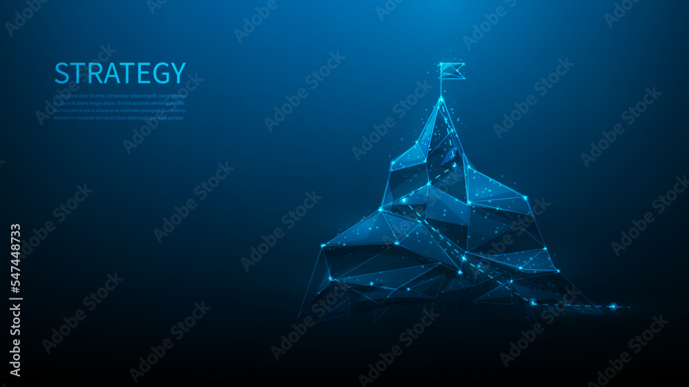 business strategy path to success on blue background. mountain with ...