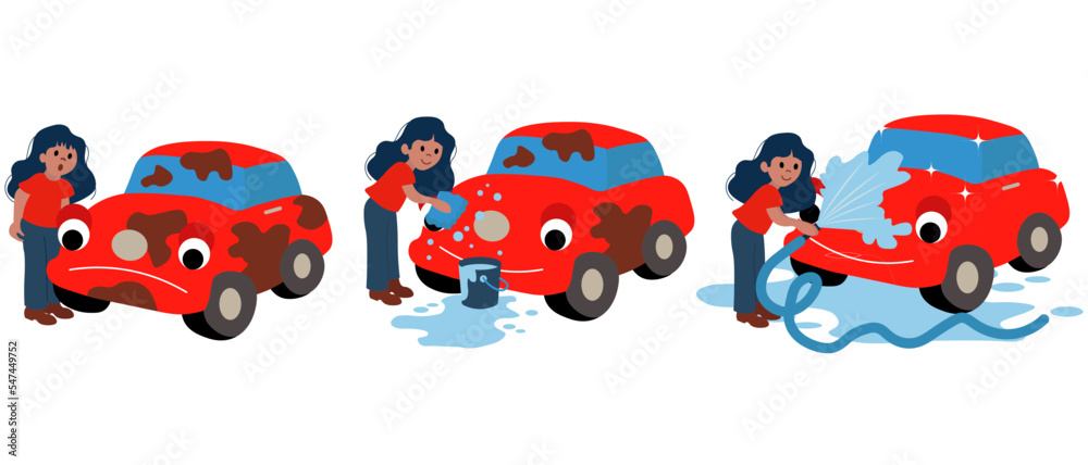 Car wash, illustration set. The woman is washing the car. Cartoon ...