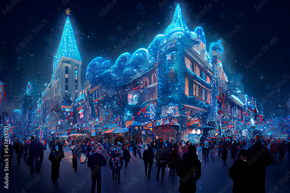 Christmas show on the streets of Los Angeles. Cartoon style. Multi ...