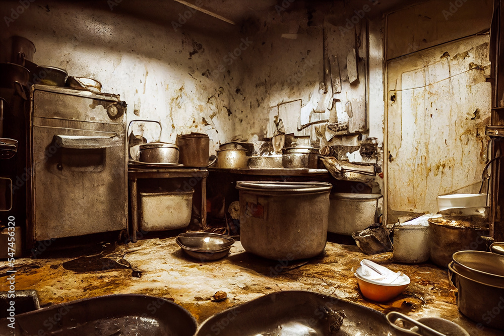 The decor in this kitchen is dirty and unsanitary. The walls are ...