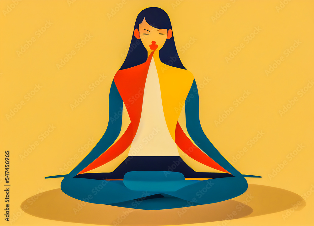 A lady sits calmly in lotus pose, practicing zen meditation or yoga ...