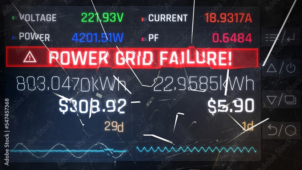 Broken screen of electric meter showing power grid failure message ...