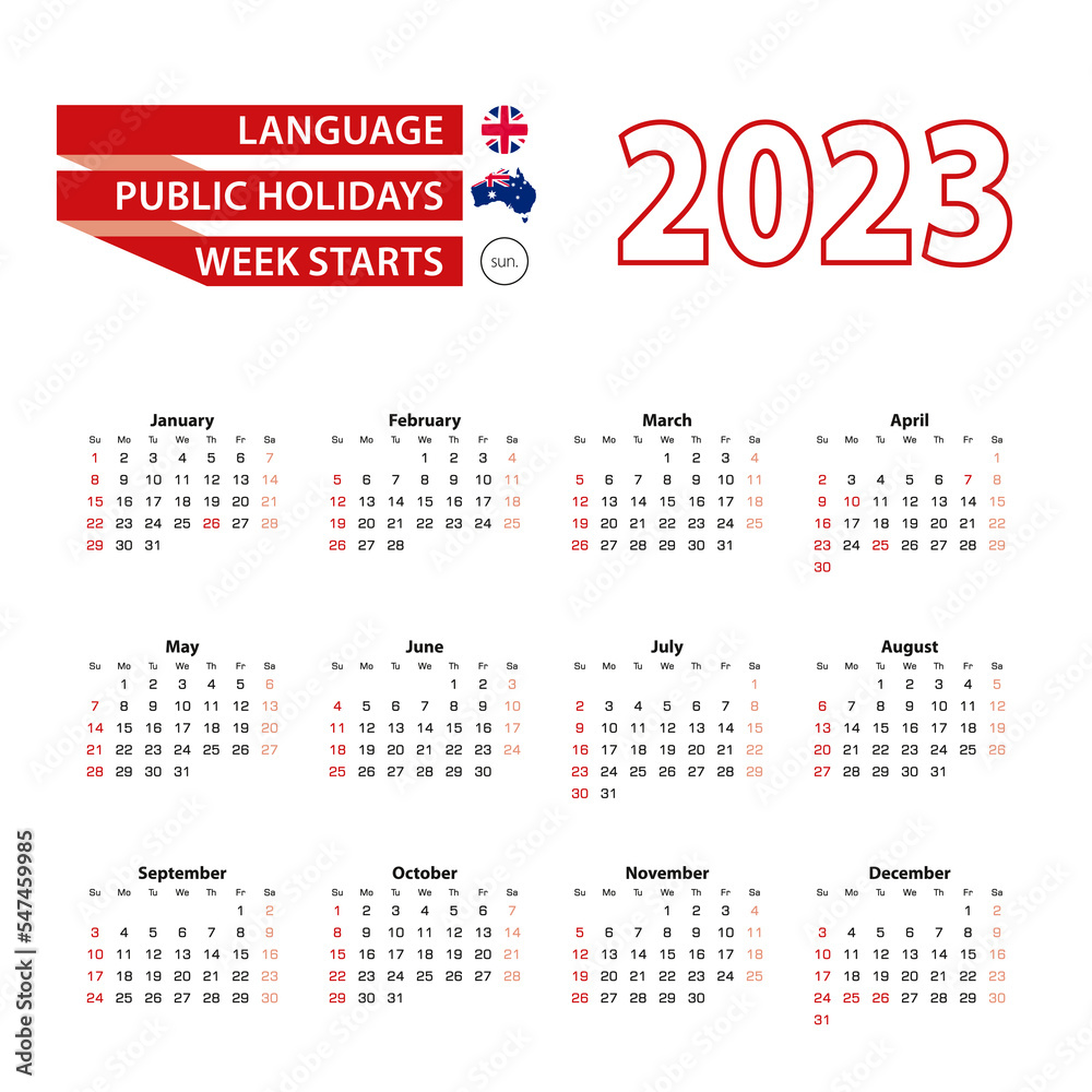 Calendar 2023 in English language with public holidays the country of ...