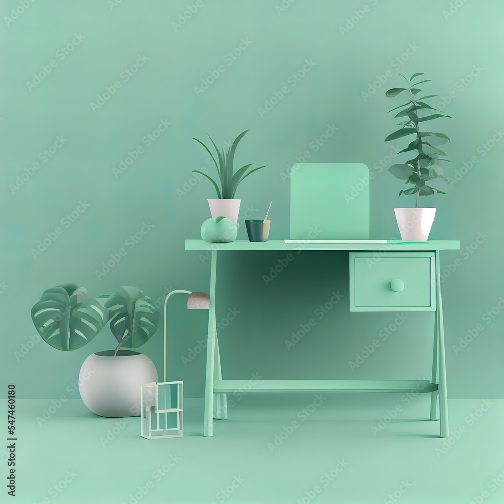 Pastel green monochrome minimal office table desk with plant pot ...