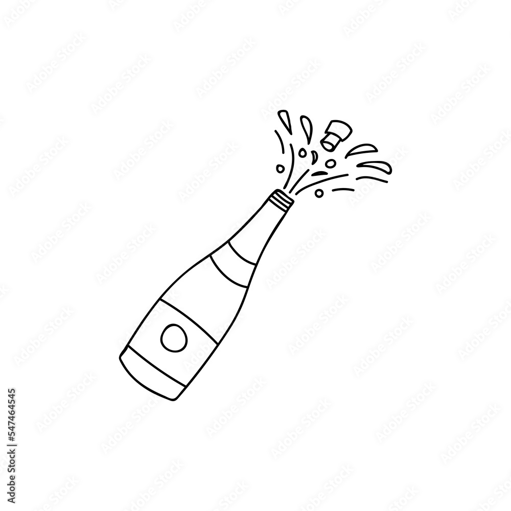 Popping champagne bottle doodle illustration. Popping champagne bottle ...