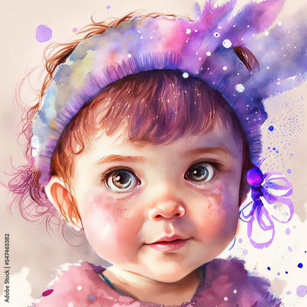 Adorable little girl, watercolor, vector, splash of color, animated ...